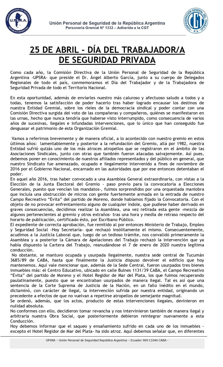 25 de abril – Día del trabajador/a de seguridad privada – UPSRA