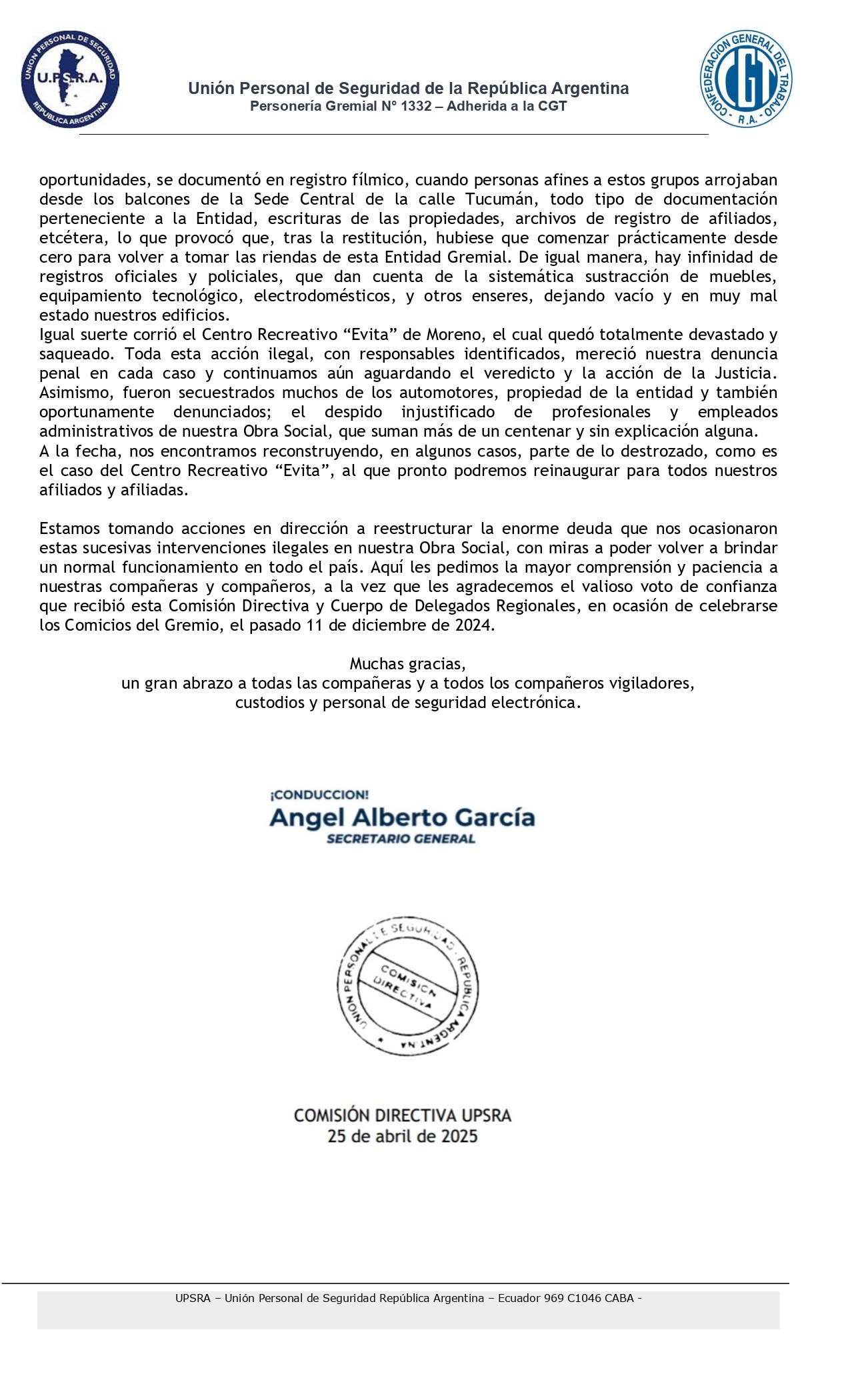 25 de abril – Día del trabajador/a de seguridad privada – UPSRA
